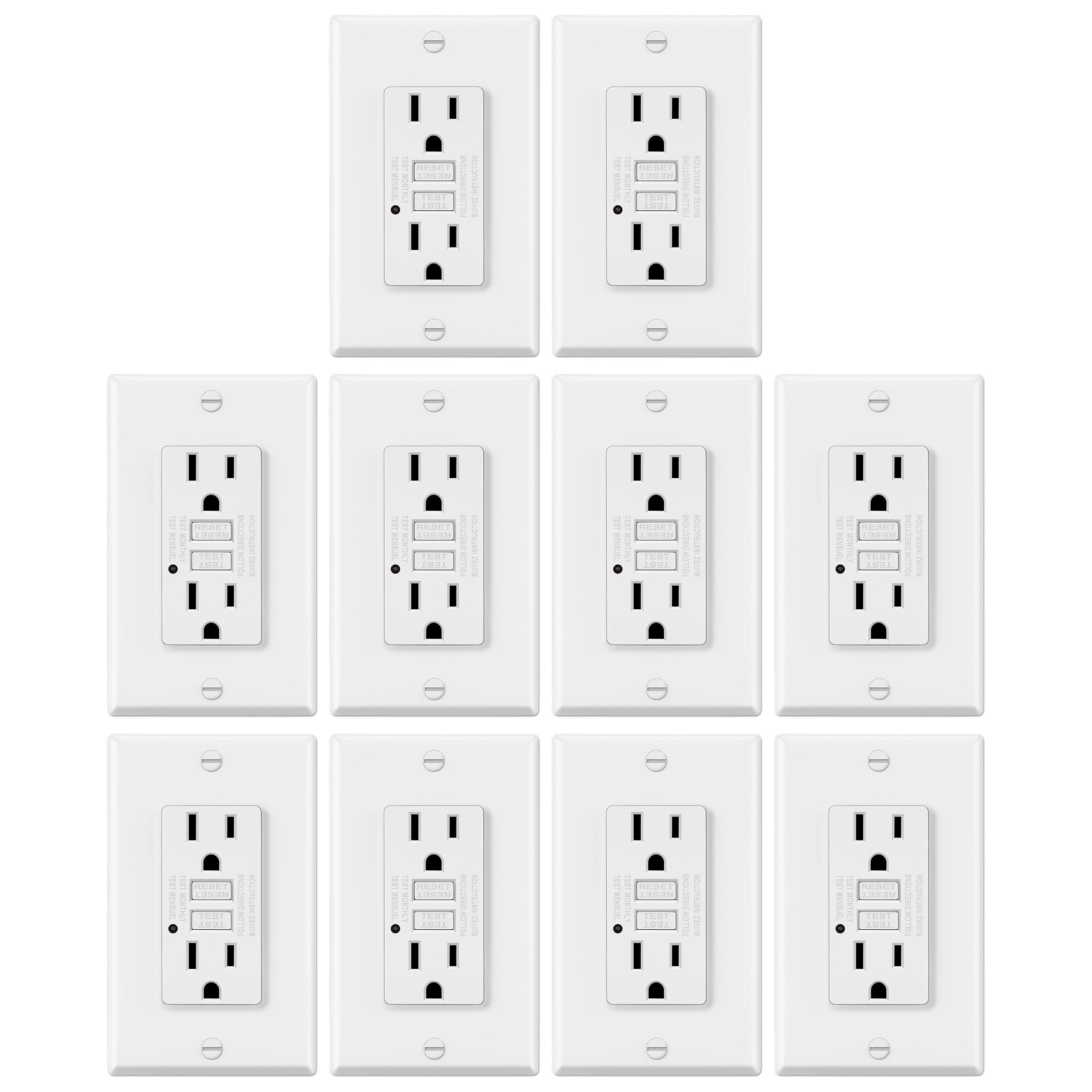 10 Pack - ELECTECK 15A/125V Tamper Resistant GFCI Outlets
